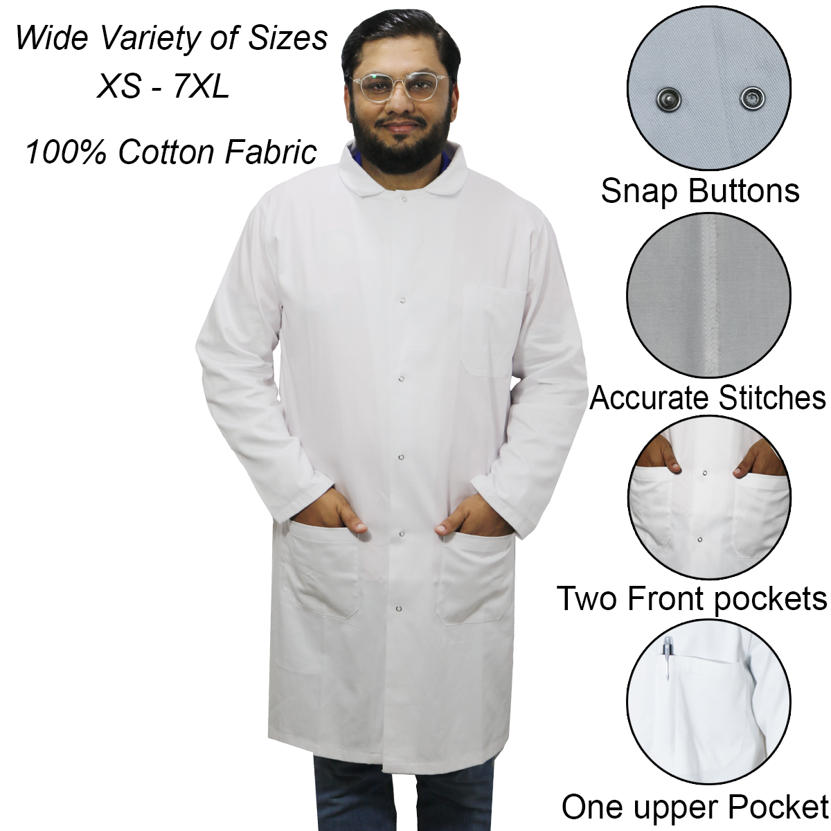 DR Uniforms Snap Closure Knee Length Long Lab Coat White - Laboratory ...