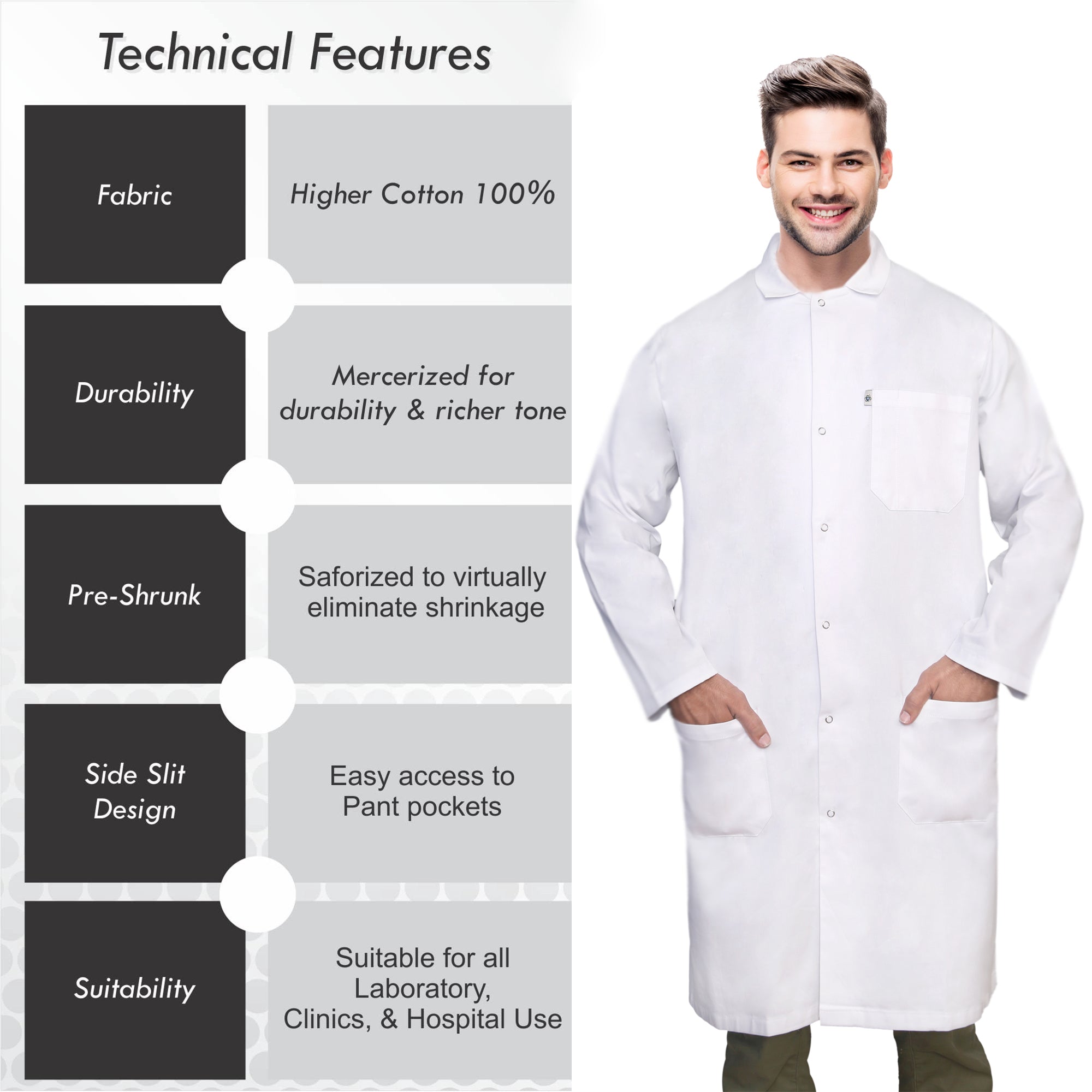 DR Uniforms Snap Closure Knee Length Long Lab Coat White - Laboratory ...