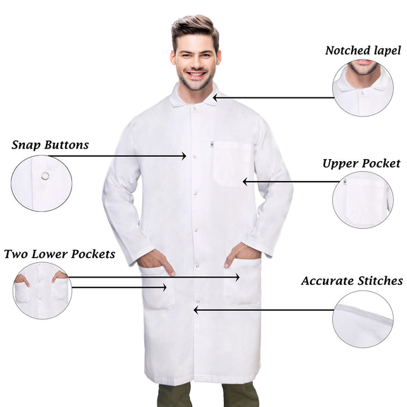 DR Uniforms Snap Closure Knee Length Long Lab Coat White - Laboratory ...
